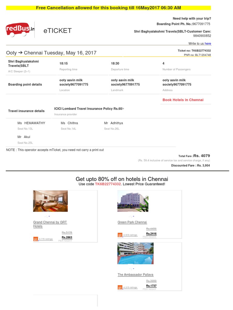 RedBus Ticket TK6B22774332 Ooty Chennai | PDF | Ticket (Admission) | Baggage