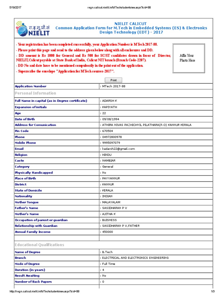 Nielit Calicut Common Application Form For M.Tech in Embedded Systems ...