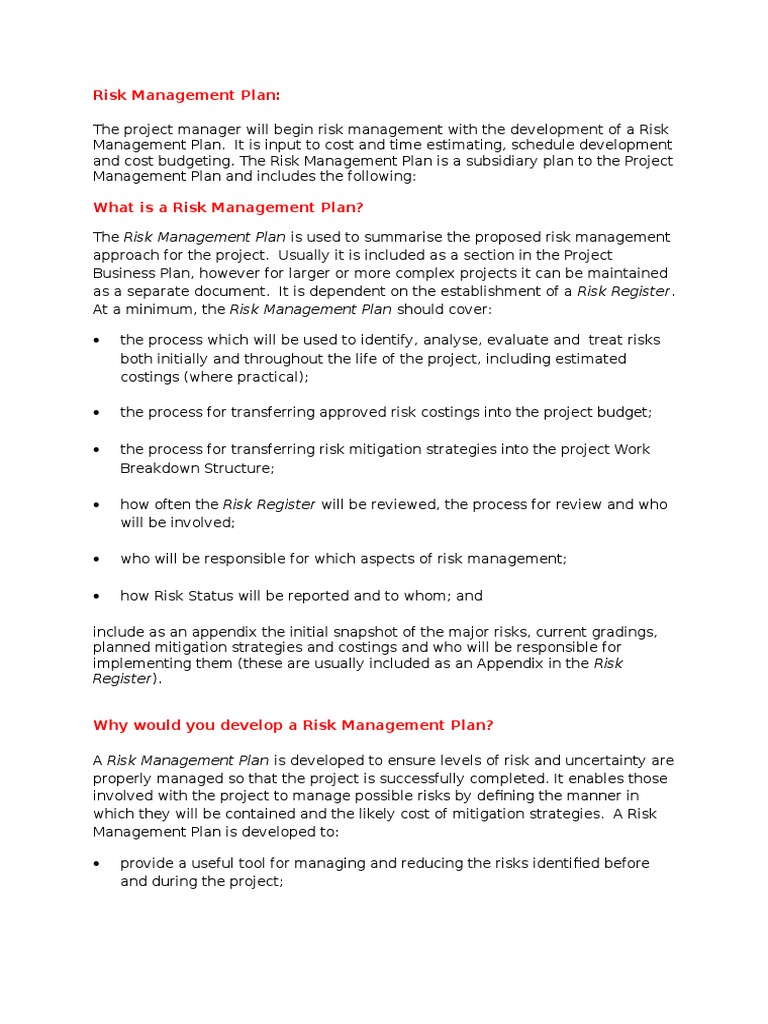 Risk Management Plan | PDF | Risk Management | Emergency Management