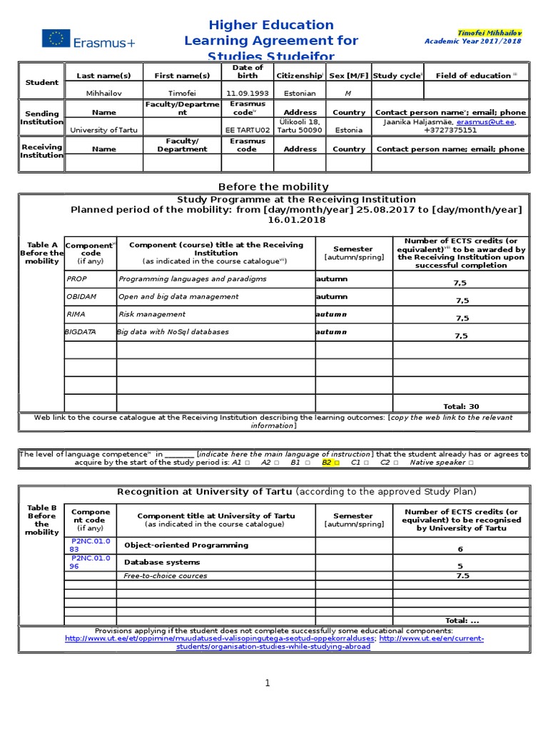 3 Erasmus Learning Agreement | Academic Degree | Academia