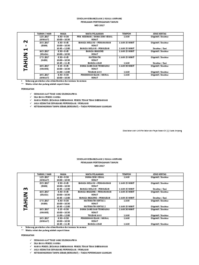 Contoh Jadual Peperiksaan Pertengahan Tahun Sekolah Rendah | PDF