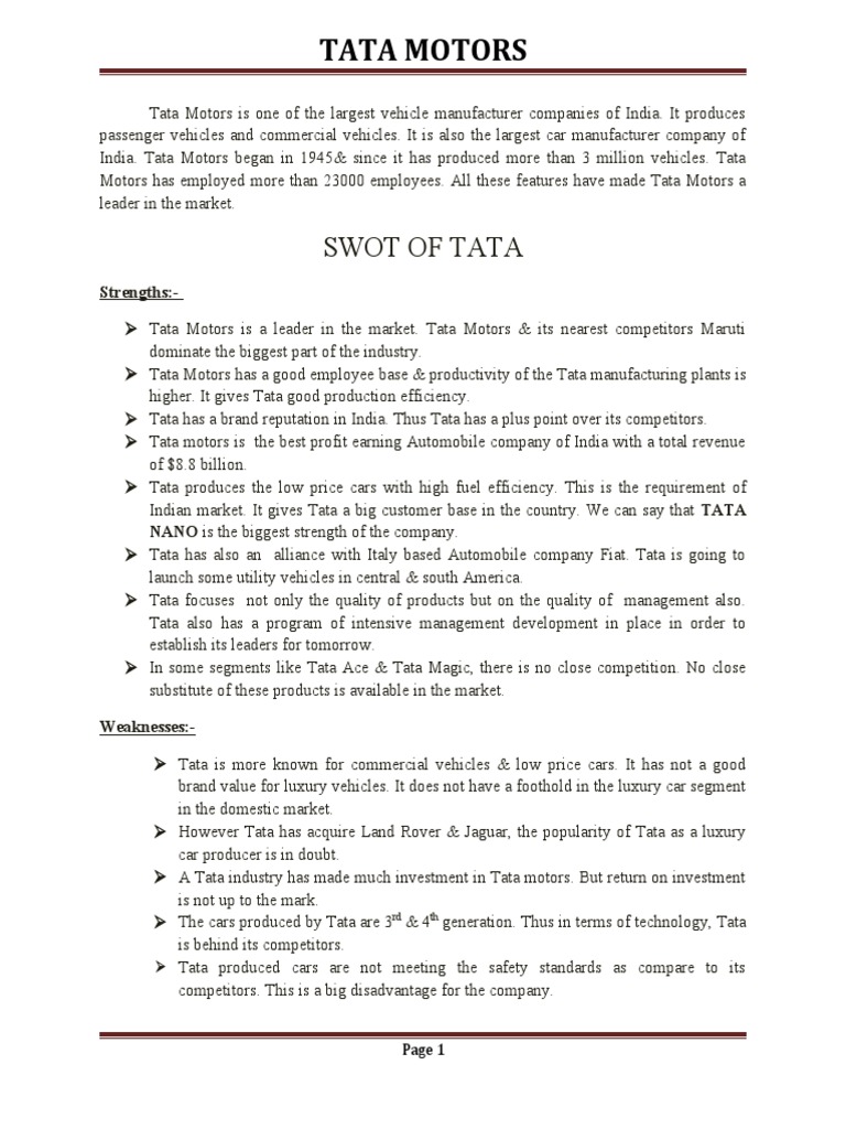 Tata Motors SWOT Analysis and Insights | PDF | Car | Vehicles