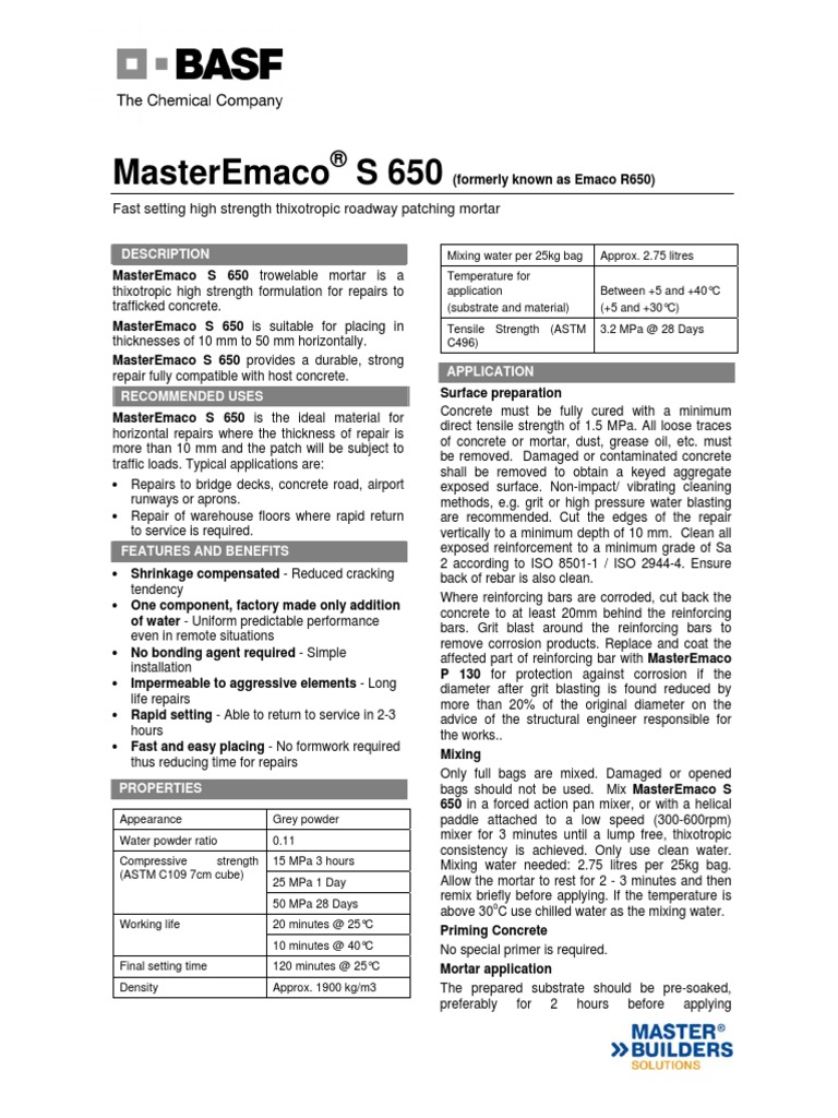 Masteremaco S 650: Fast Setting High Strength Thixotropic Roadway ...