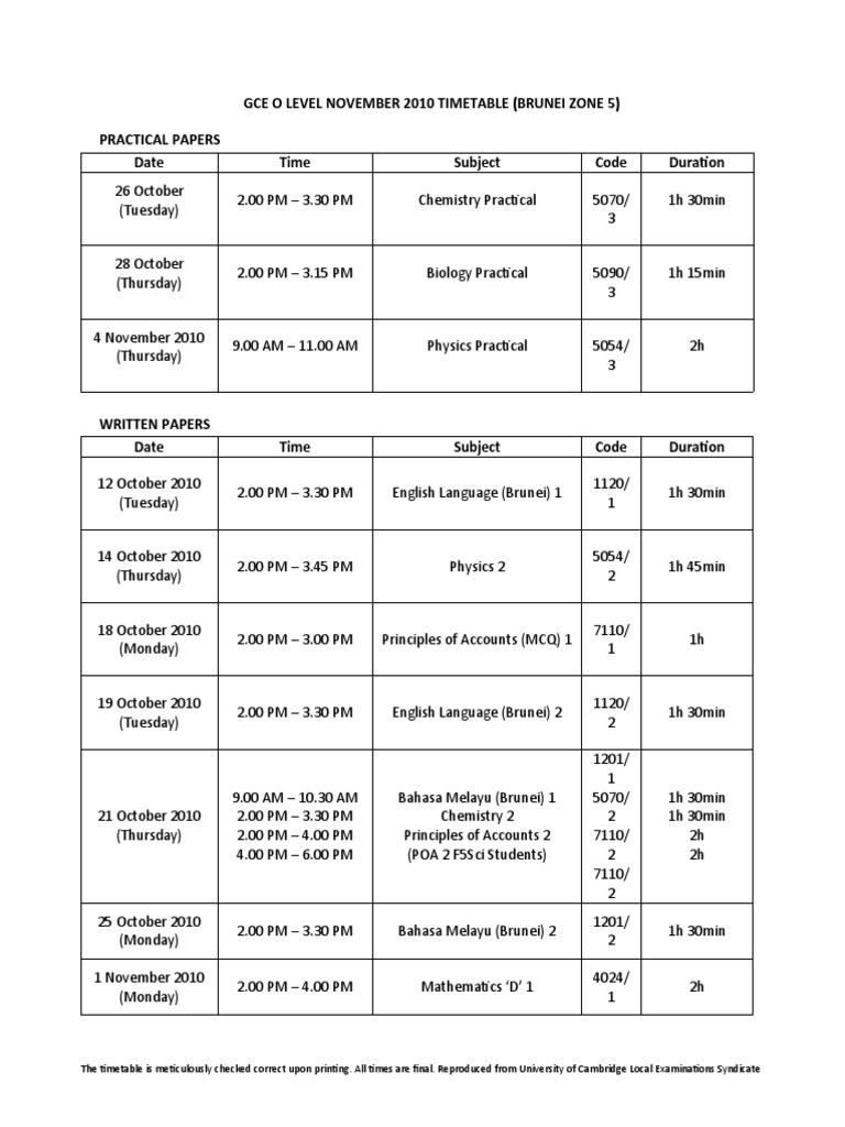GCE O Level Timetable November 2010 | PDF | Students | Educational Stages