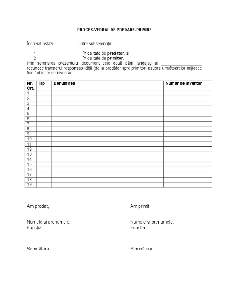 Proces Verbal de Predare-Primire Model | PDF