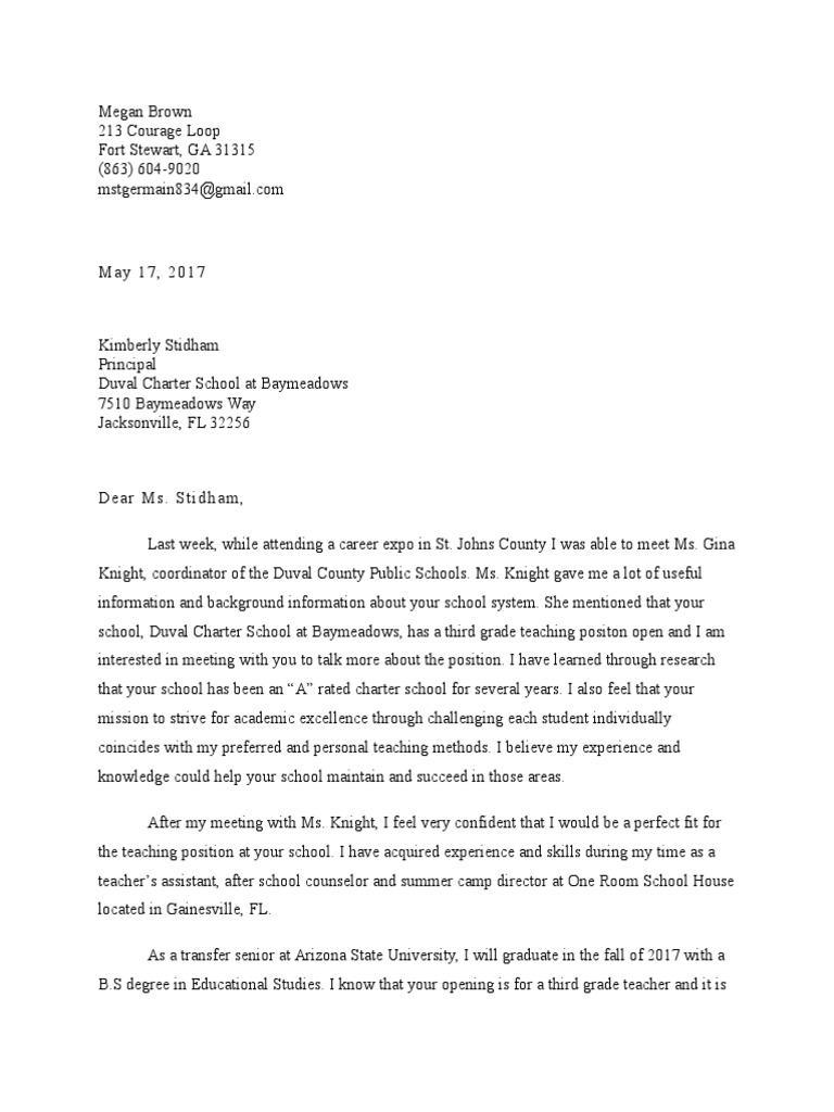Megan Brown Cover Letter | PDF | Teachers | Teaching