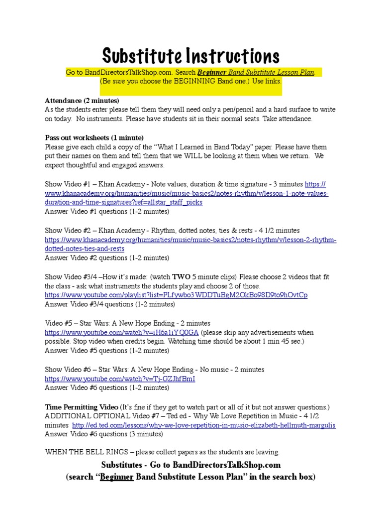 Substitute Instructions: Attendance (2 Minutes) | PDF | Rhythm | Lesson ...