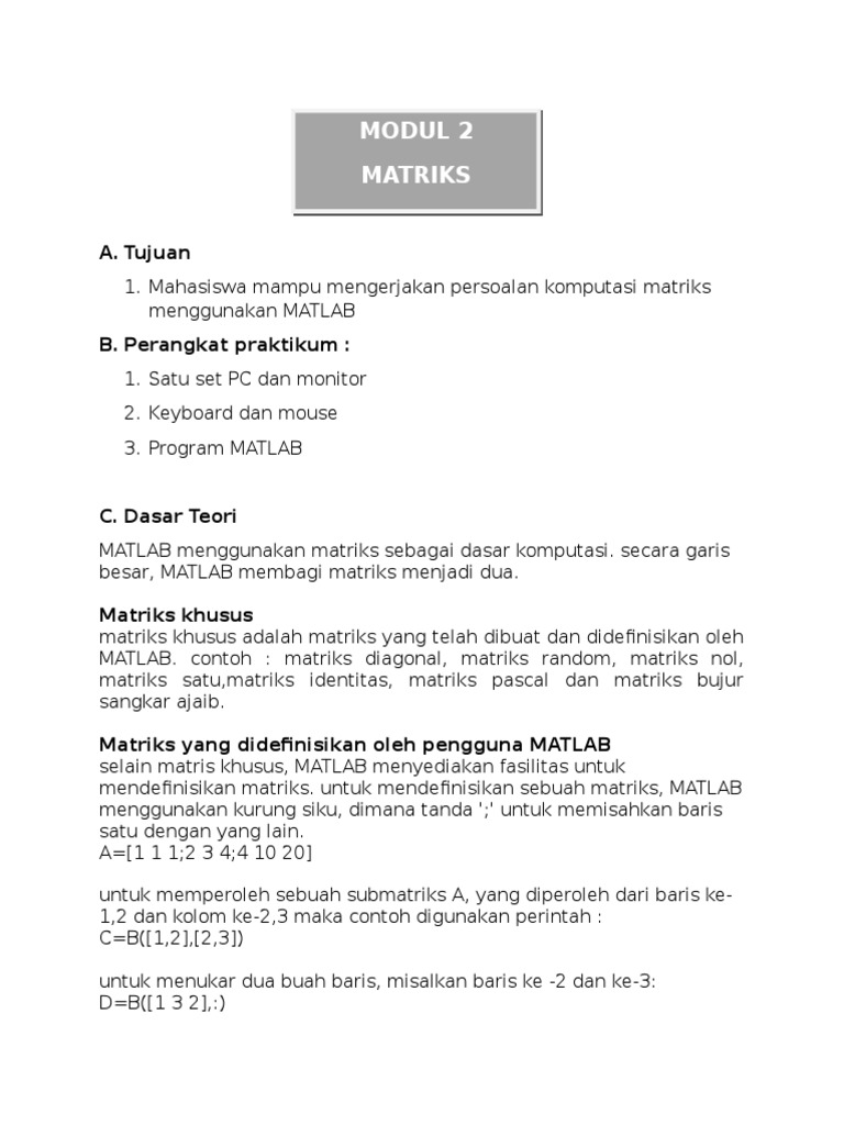 Modul 2 Matriks Matlab | PDF | Metode & Bahan Ajar | Sains & Matematika