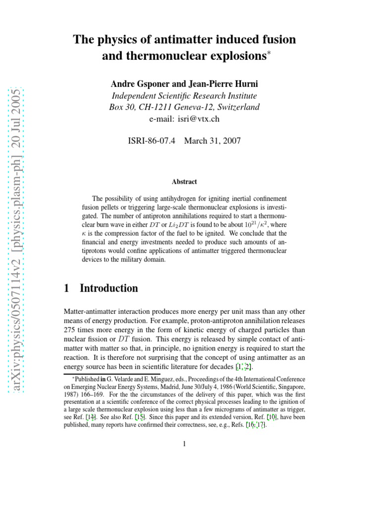 Antimatter Explosions PDF | PDF | Nuclear Fusion | Nuclear Weapons