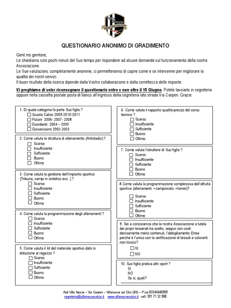 Questionario Anonimo Di Gradimento | PDF