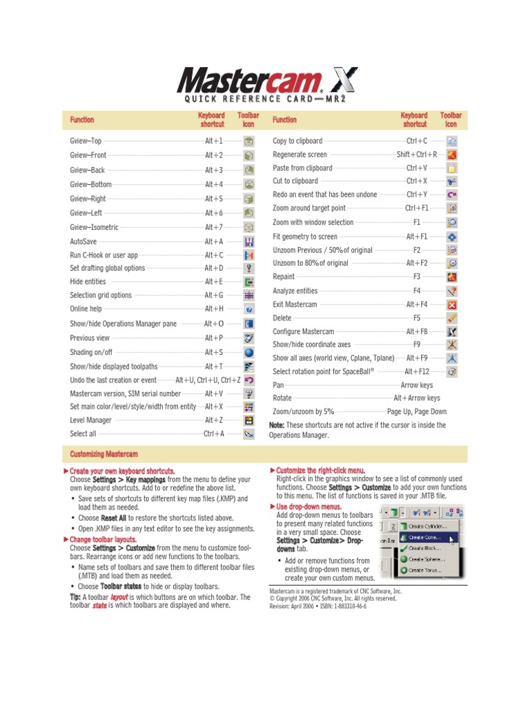 MastercamX Quick Ref Card | PDF | Icon (Computing) | Menu (Computing)