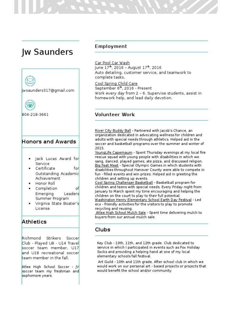 JW Saunders Resume | PDF | Secondary School | Sports