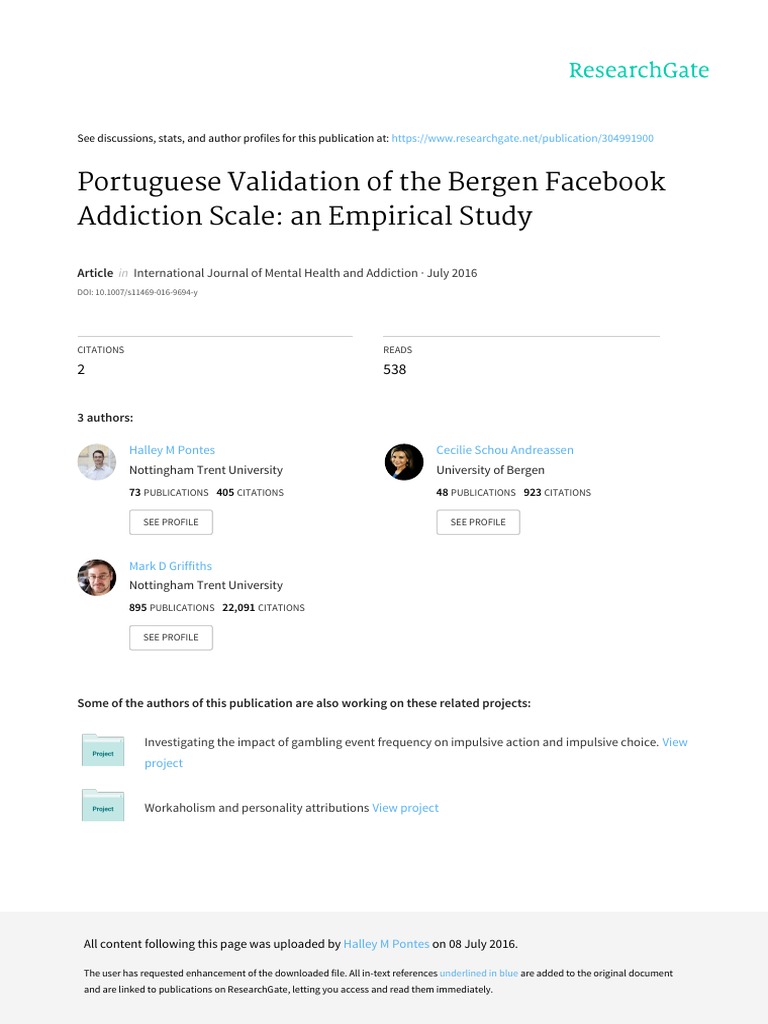 Portuguese Validation of The Bergen Facebook Addiction Scale: An ...