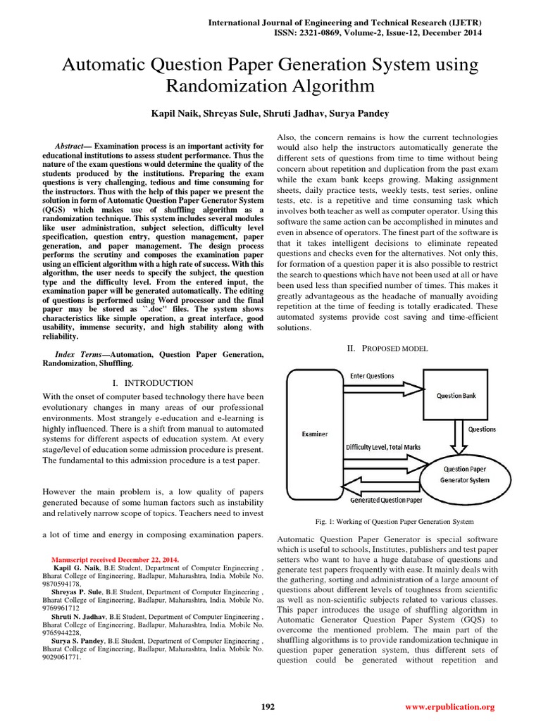 Automatic Question Paper Generation System Using Randomization Algorithm | PDF | Algorithms ...