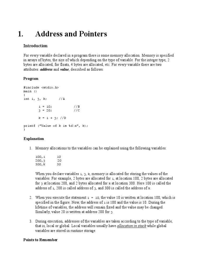 Address and Pointers | Download Free PDF | Pointer (Computer Programming) | Variable (Computer ...