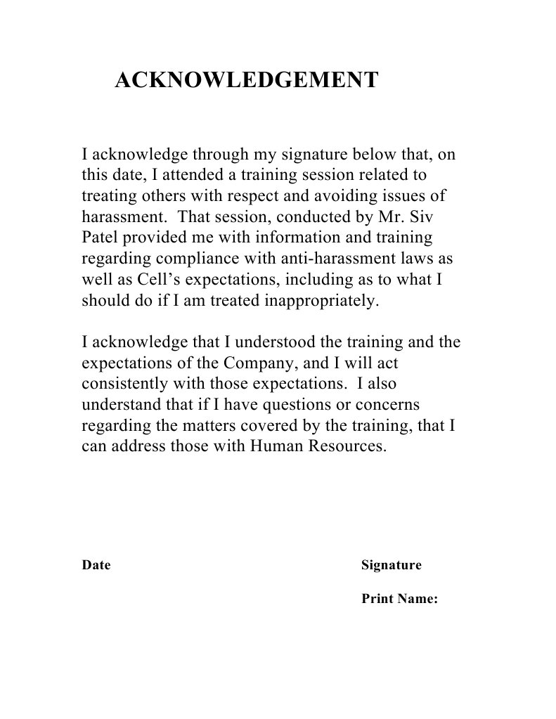 Anti-Harassment Training Acknowledgement Form | PDF