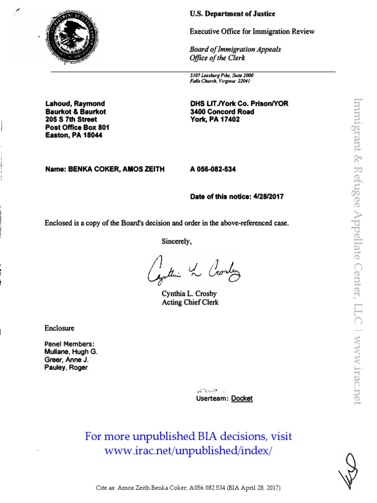 BIA Decision: Benka Coker Appeal | PDF | Removal Proceedings ...