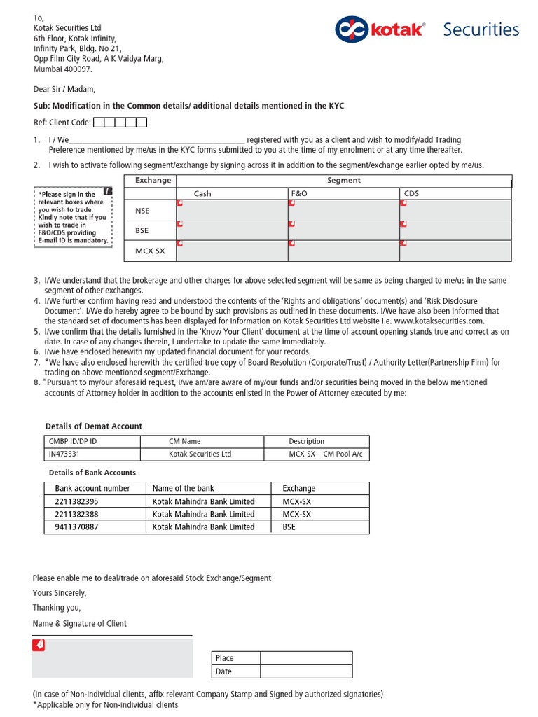 KYC Modification Request for Kotak Securities | PDF | Government ...