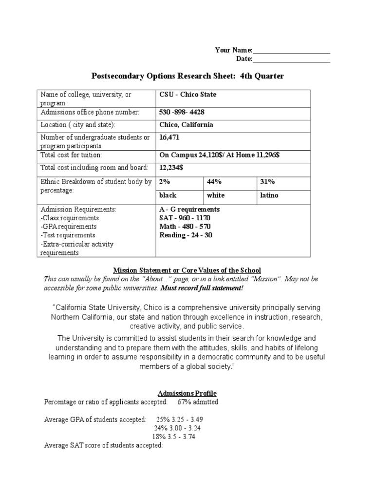 Postsecondary Options Research Sheet: 4th Quarter | PDF | Sat | University
