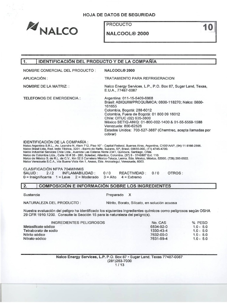 MSDS Nalco 2000 | PDF