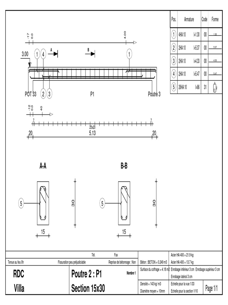 RDC Villa Poutre 2: P1 Section 15x30: A-A B-B | PDF | Structural Engineering | Manmade Materials