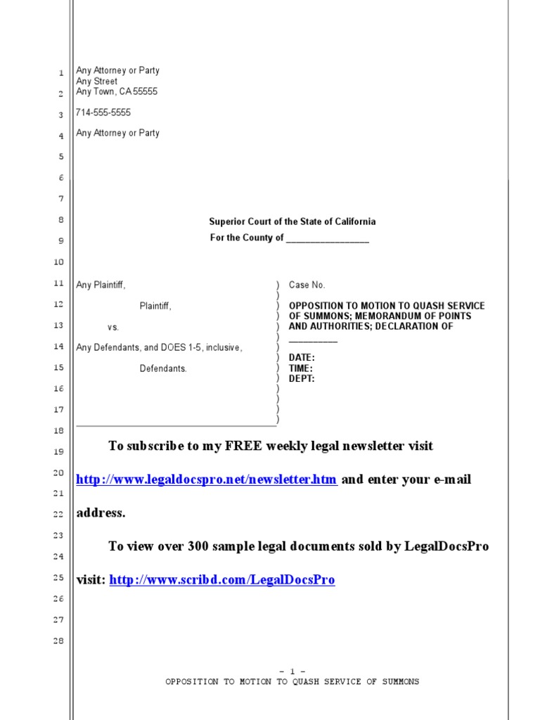 Sample Opposition to Motion to Quash for Lack of Jurisdiction in ...
