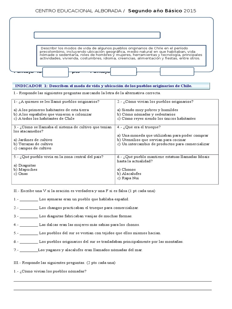 Prueba de Pueblos Originarios | PDF | Chile | Pueblos Indígenas de las ...