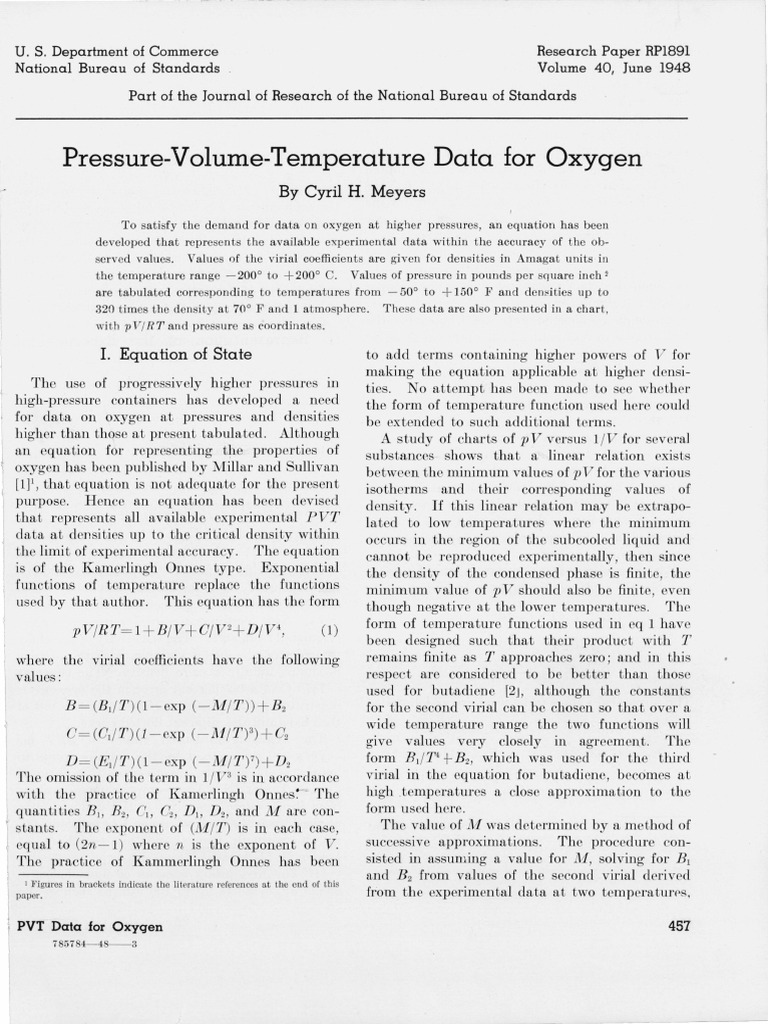 Pressure-Volume-Temperature Data for Oxygen: Development of an Equation ...