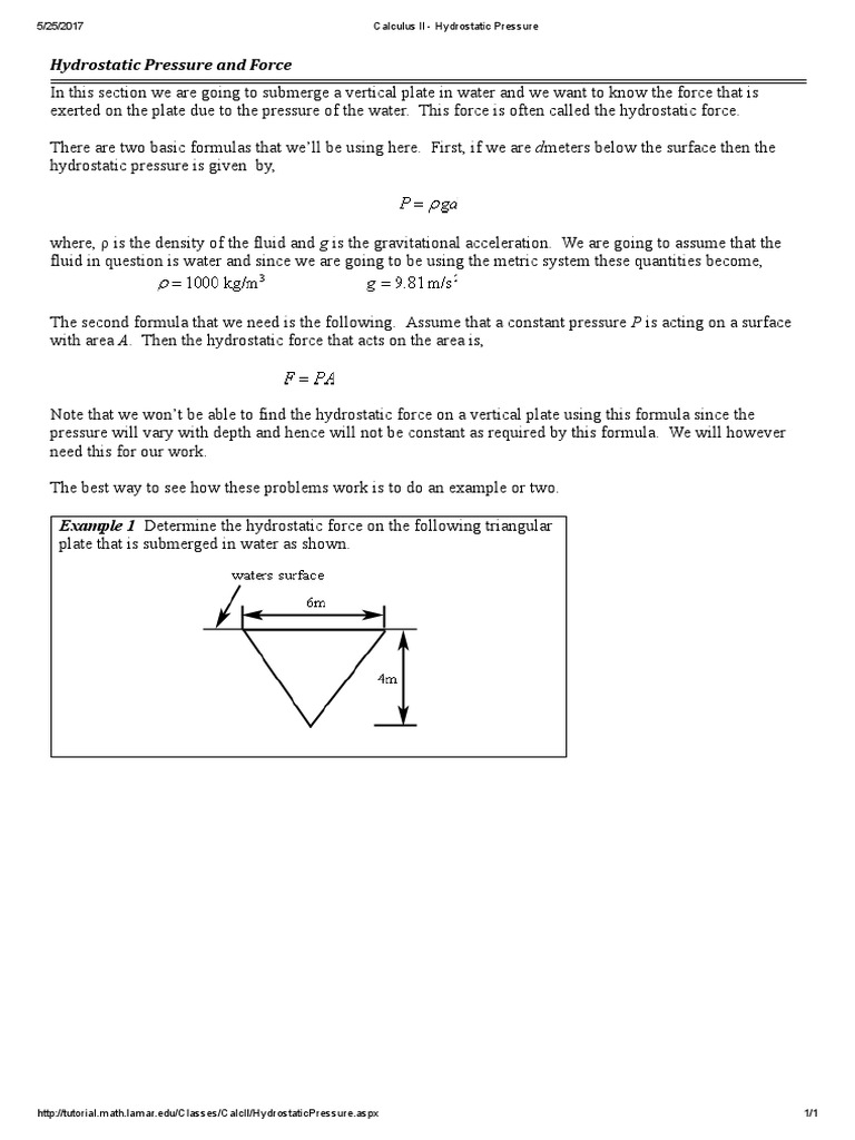 Calculus II - Hydrostatic Pressure | PDF | Pressure | Dynamics (Mechanics)