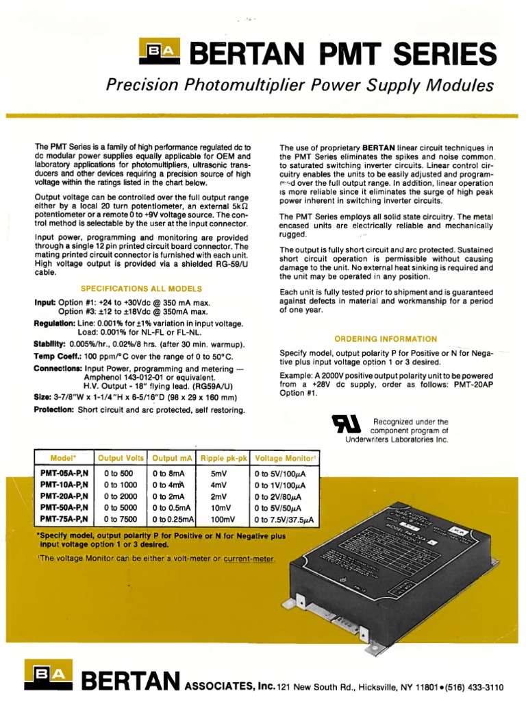 Bertan PMT Series Power Supply Modules | PDF
