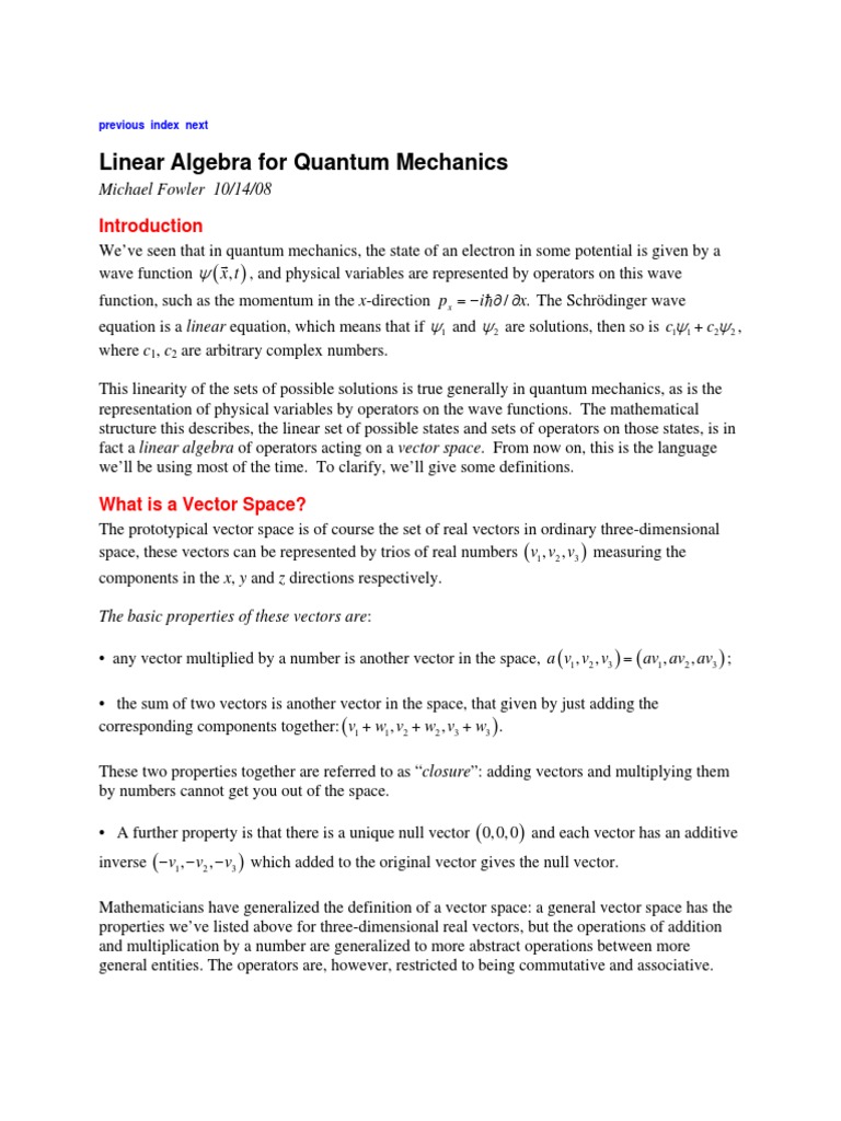 Linear Algebra For Quantum Mechanics PDF | PDF