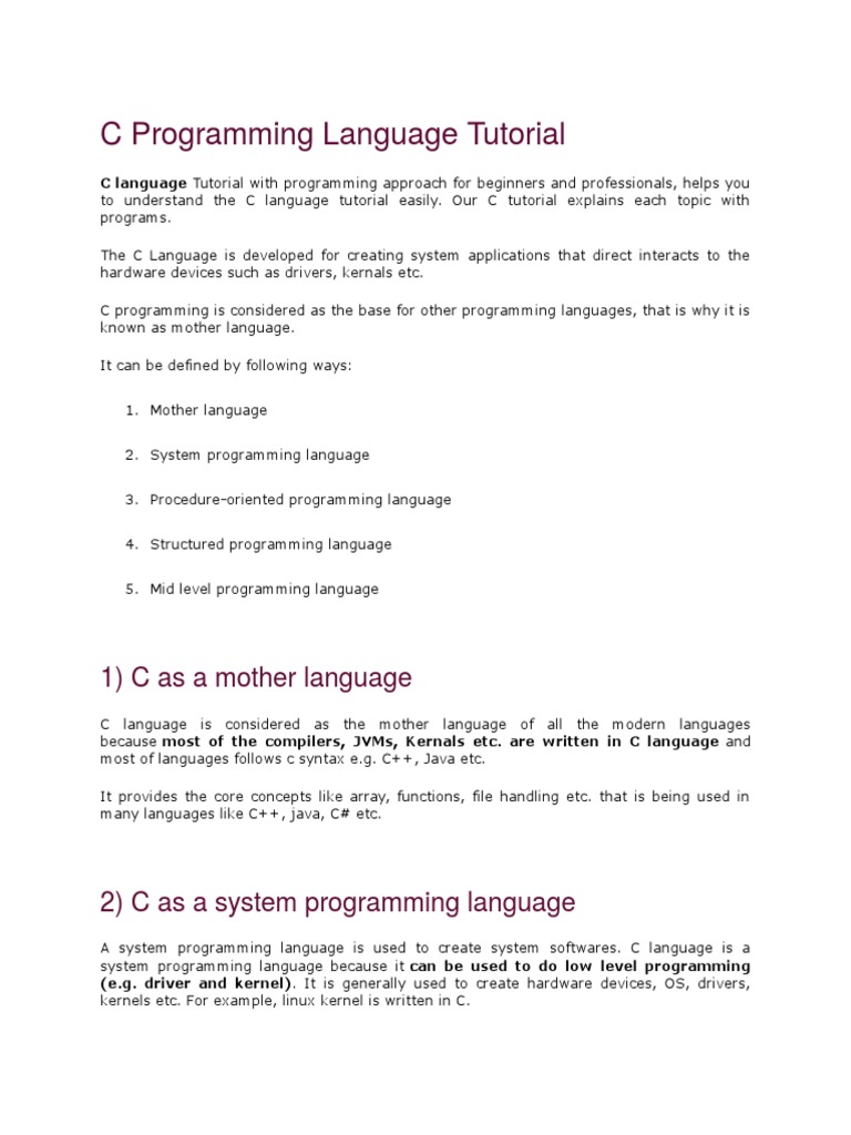 C Programming Language Tutorial | Download Free PDF | C (Programming ...