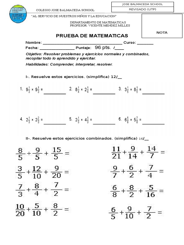 Prueba de Matematicas Fracciones | PDF | División (Matemáticas ...