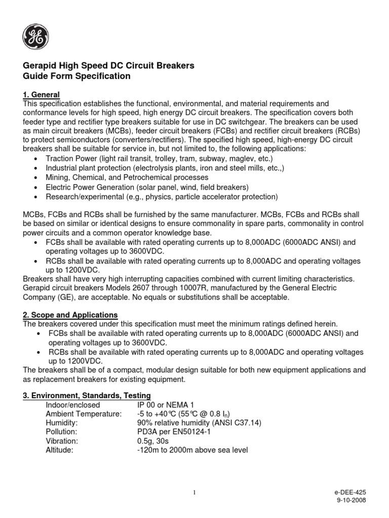 Gerapid High Speed DC Circuit Breakers Guide Form Specification | PDF ...