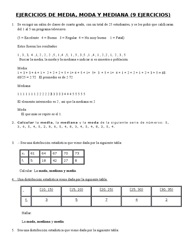 Ejercicios de Media Mediana y Moda | PDF | Mediana | Métodos de búsqueda