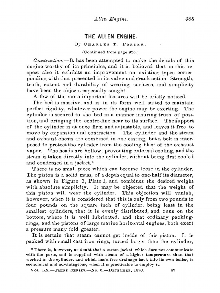 The Allen Engine-Charles T. Porter | PDF | Cylinder (Engine) | Piston