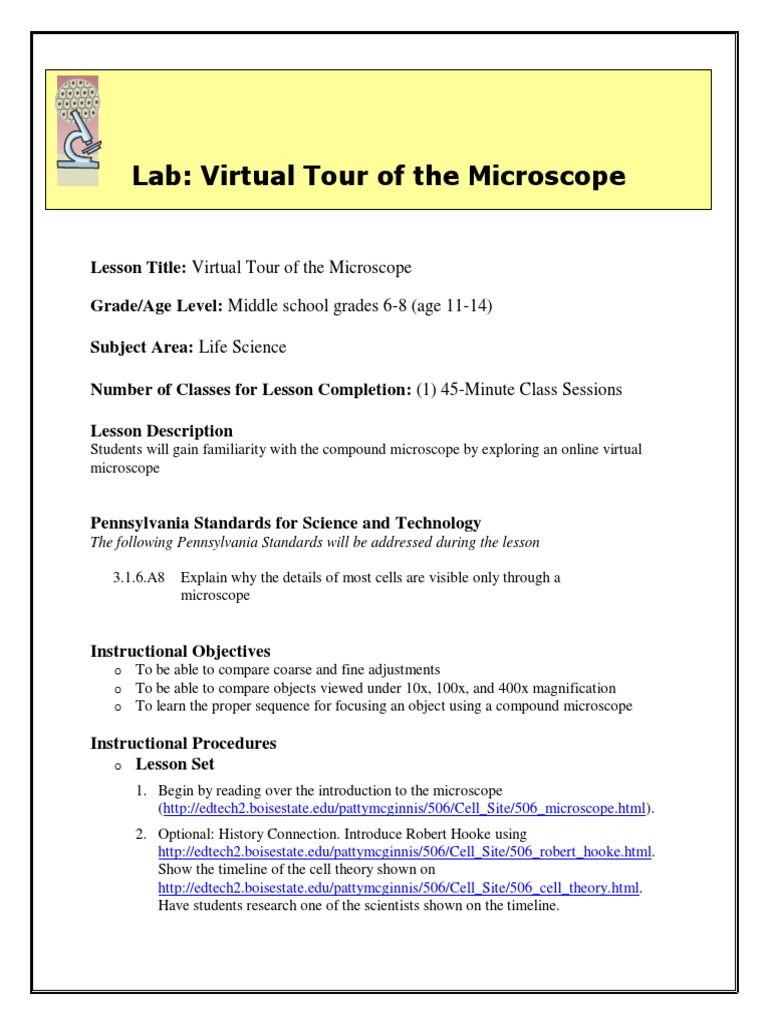 Middle School Virtual Microscope Tour | PDF | Microscope | Educational ...