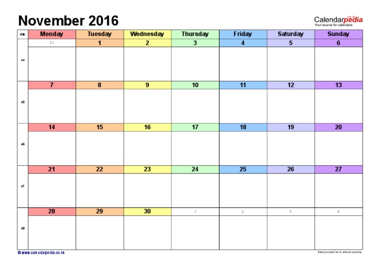 Calendar November 2016 Landscape | PDF
