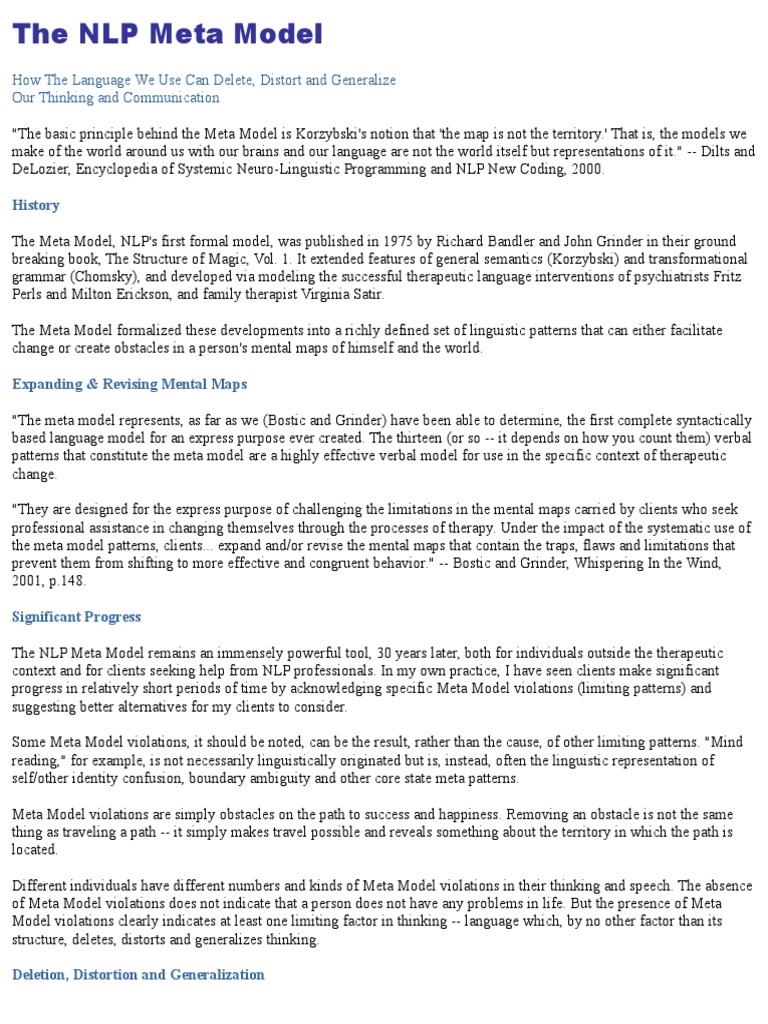 The NLP Meta Model | PDF | Neuro Linguistic Programming | Cognitive Science