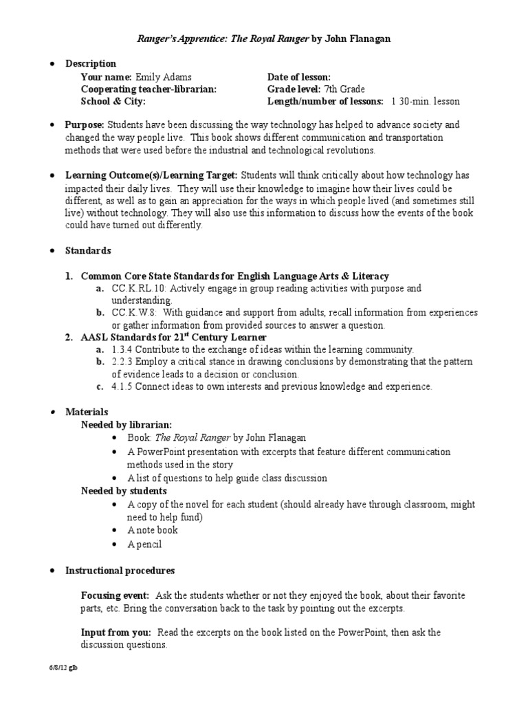 Lesson Plan Royal Ranger | PDF | Conversation | Librarian