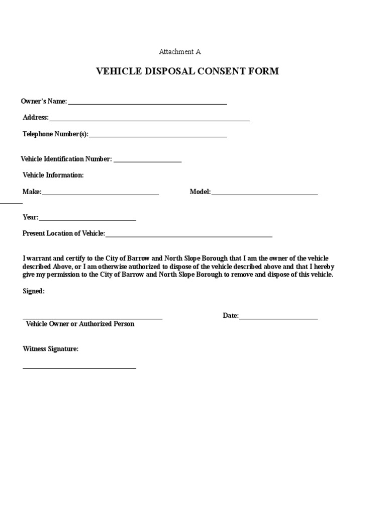 Vehicle Disposal Consent Form: Owner's Name | PDF