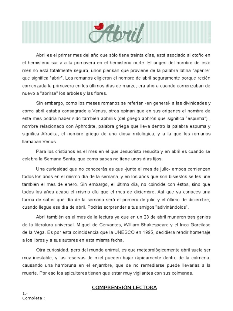 Comprension Lectora Con El Mes de Abril | PDF | Religión y creencia