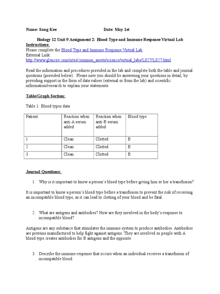 Biology 12 Unit 9 Assignment 2 Blood Type and Immune Response Virtual ...