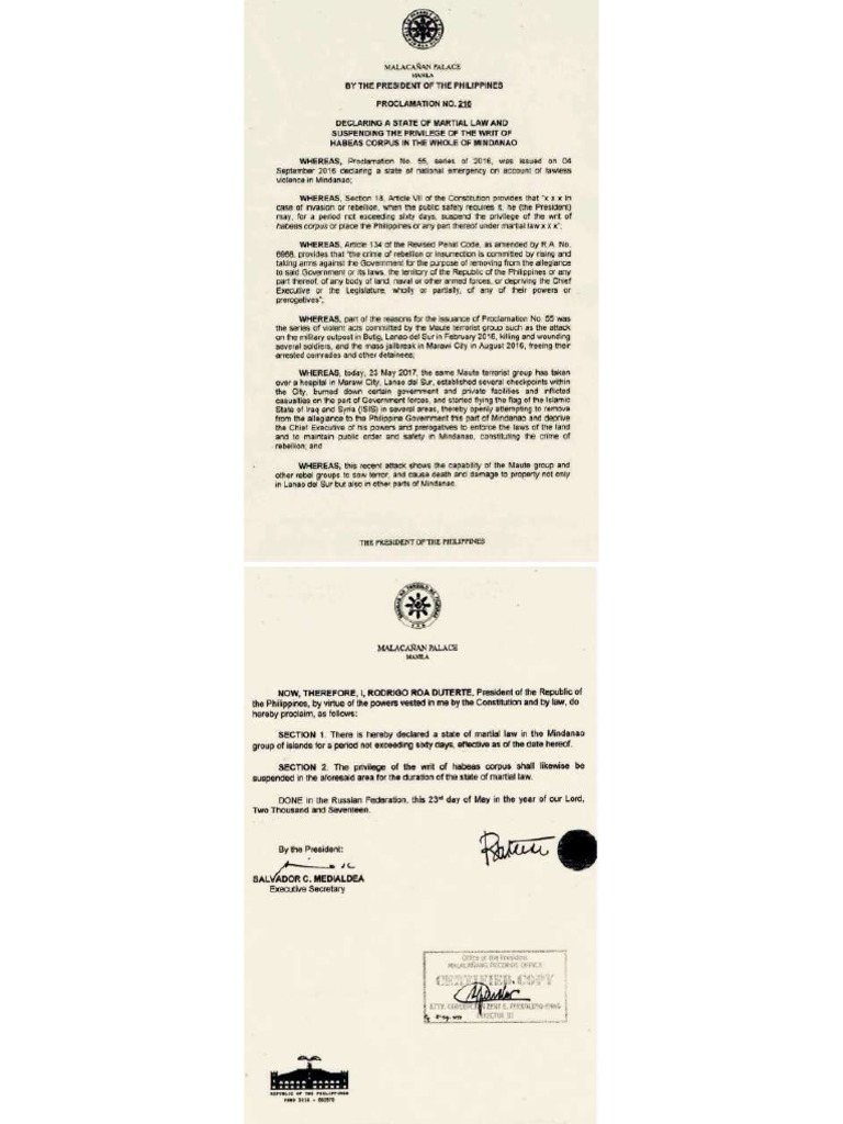 Proclamation 216 Declaring Martial Law in Mindanao | PDF