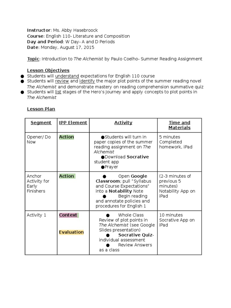 Intro to The Alchemist & Hero’s Journey | PDF | Homework | Lesson Plan