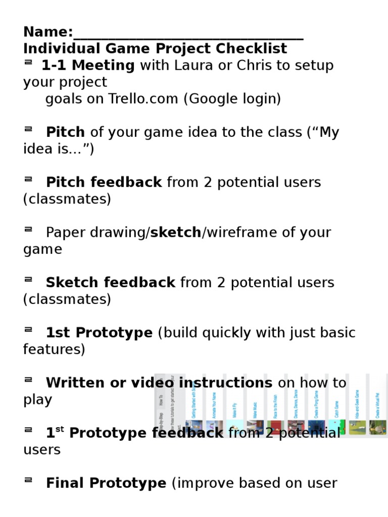 Game Design Student Checklist | PDF | Games & Activities