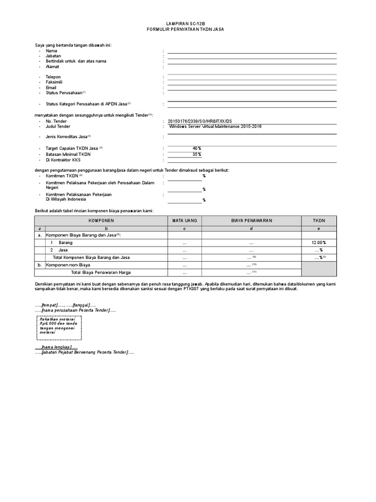 Formulir TKDN Jasa Tender | PDF