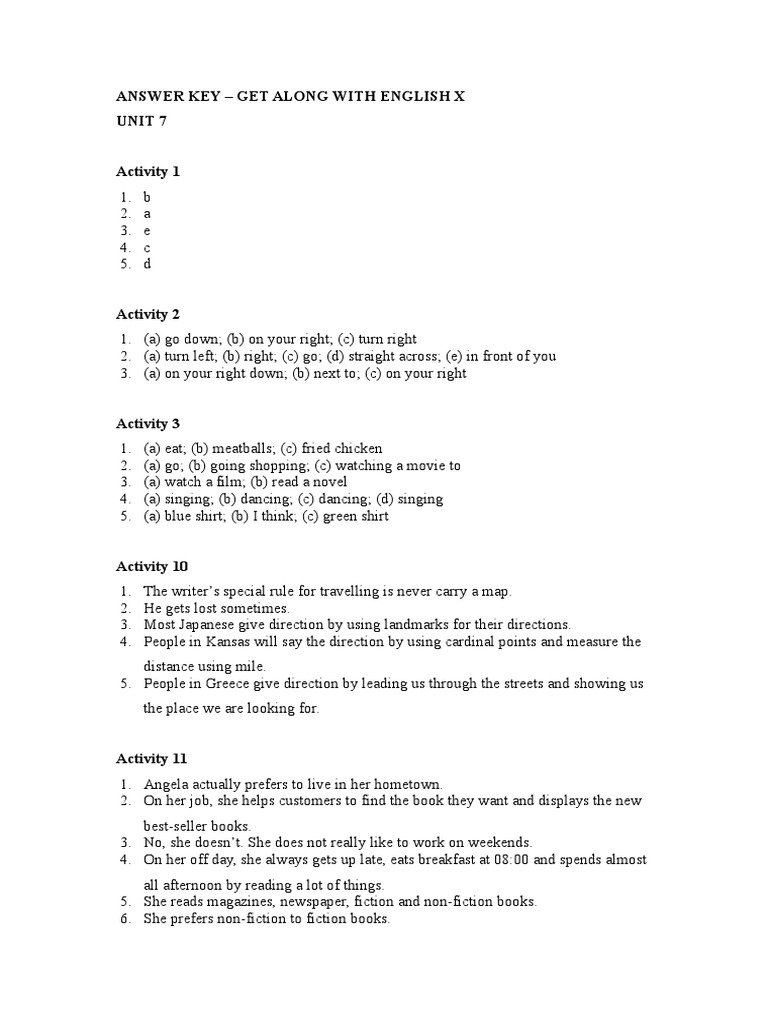 Answer Key - Unit 7 - Get Along With English X | PDF | Leisure
