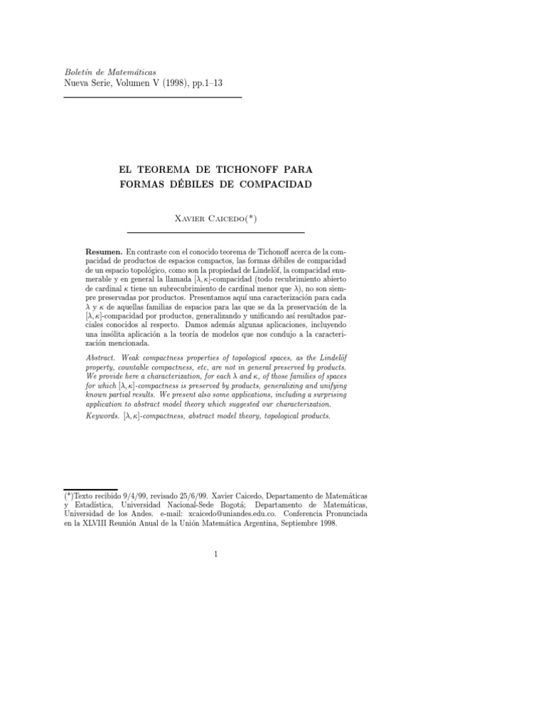 El Teorema de Tychonoff para Formas Debiles de Compacidad PDF | PDF ... El Teorema de Tychonoff para Formas Debiles de Compacidad PDF | PDF ...