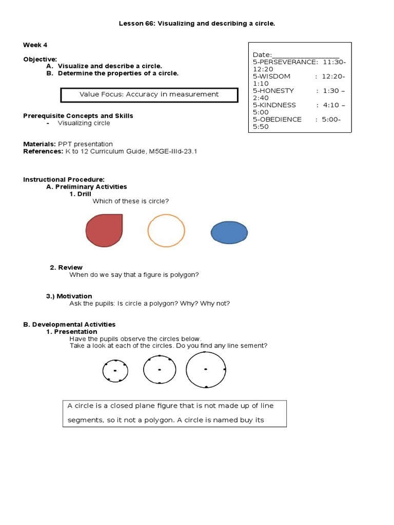 Grade 5 Circle Visualization Lesson | PDF | Circle | Elementary Geometry